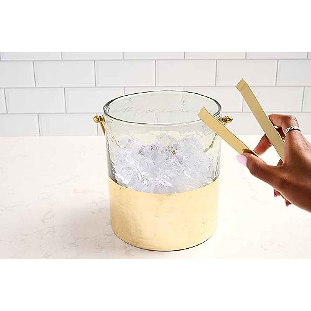 Mud Pie Ice Set, Bucket 8 x 7 Dia | Tongs 6 1/2", 1/2" 1/2" 1/2", Gold and Clear