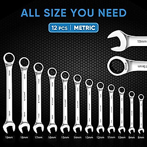 TICONN Mechanic Cr-V Ratcheting Wrench Set with Organizer Rack, Professional Slim Profile (12PCS mm (Metric))