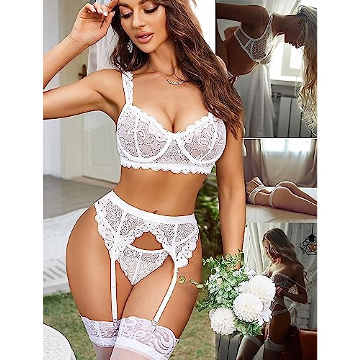 Avidlove Lace Garter Lingerie Set with Underwire Push Up Lingerie Set (No Stockings) (White, S)