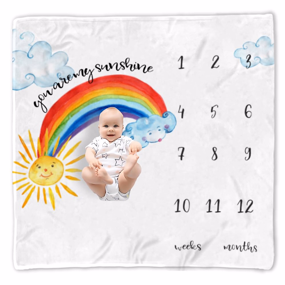 QICAIYUN Baby Monthly Milestone Blanket, Rainbow Theme Baby Month Blanket for Baby's, First Year Calendar Growth Chart, 48''x48'' YUN007