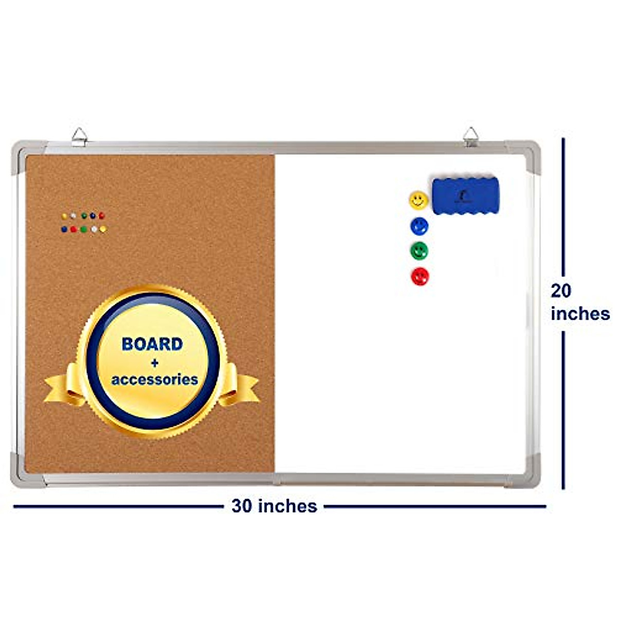 Combination Whiteboard Bulletin Board Set - Dry Erase/Cork Board 30 x 20" with 1 Magnetic Dry Eraser, 4 Markers, 4 Magnets and 10 Pins - Big Combo Tack White Board for Home Office Cubicle Desk