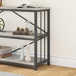 LVB Farmhouse Industrial Console Table, Wood Metal Foyer Entryway Sofa Tables with Storage, 3 Tier Long Rustic Entry Table TV Stand with Shelves for Home Living Room Hallway, Light Grey Oak, 55 Inch