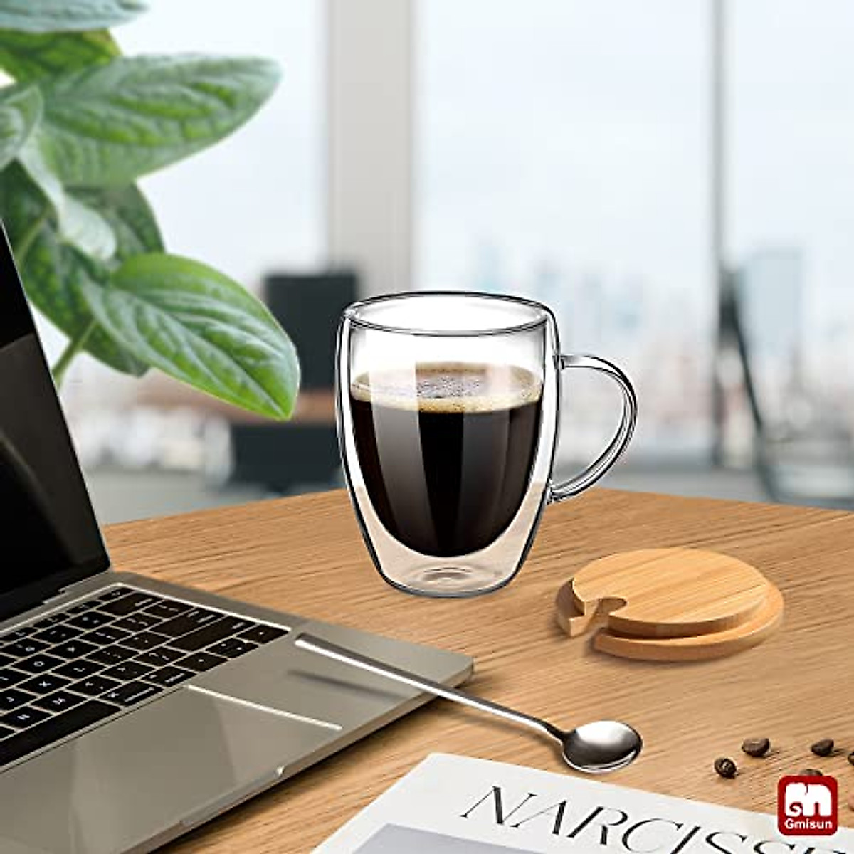 GMISUN Glass Coffee Cups, 2 Pack Double Wall Glass Coffee Mugs with Bamboo Lids, 12 Oz Clear Coffee Mug with Handle, for Ice Coffee/Tea/Hot Beverages/Cappuccino/Latte, Extra Spoons, Coaster