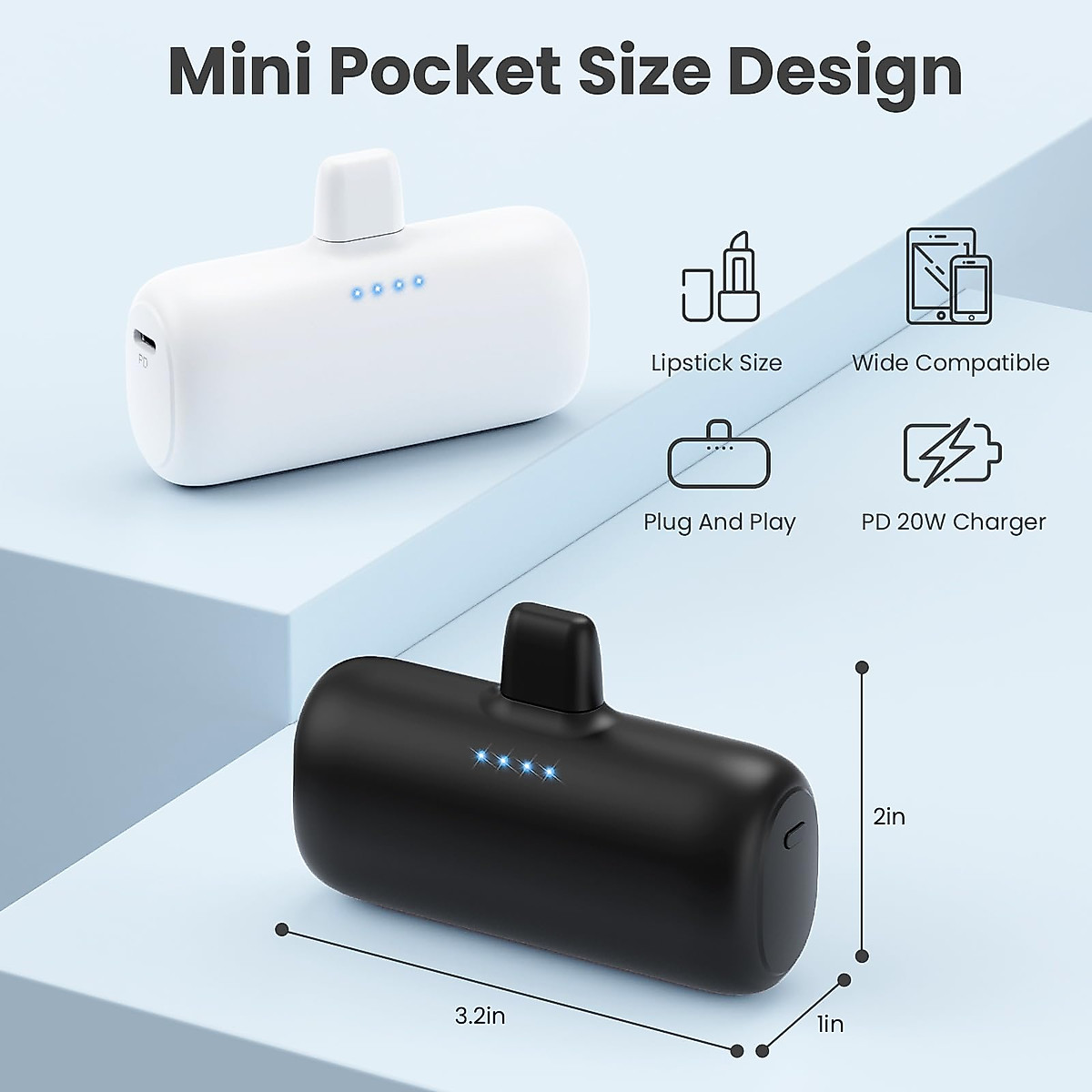 [2-Pack] Mini Portable Charger for iPhone,5200mAh Ultra Compact PD Fast Charging Power Bank,Plug-in Battery Pack Travel Cordless Phone Charger,Compatible with iPhone 14/14Pro/13/12/11/X/8/7/6plus etc
