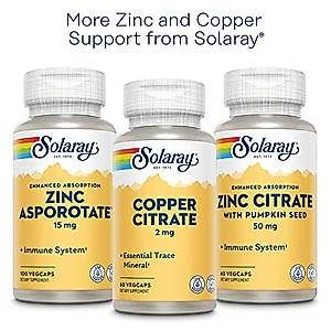 Solaray Zinc Copper Amino Acid Chelates, Healthy Cellular, Heart & Thyroid Function Support, Vegan, 100ct, 100 serv.