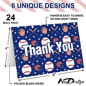 AnyDesign 36 Pack Baseball Thank You Cards with Envelopes Stickers 6 Design Red Blue Sports Thank You Note Cards Baseball Blank Cards for Birthday Baseball Season Games Supplies, 4 x 6 Inch