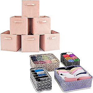 EZOWare Bundle Kit 6 Pcs Pale Dogwood Collapsible Fabric Cube Storage Bin Baskets + 4 Closet Wardrobe Dresser Drawer Organizer Divider For Organizing Nursery Baby Clothes