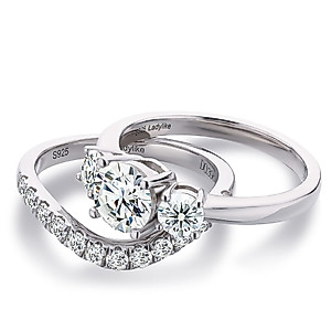 Ladylike Moissanite 3 Stone Rings 1.6ct and Half Eternity Curved Moissanite Wedding Band 0.39ct D Color VVS1 Lab Created Diamond (size 9)