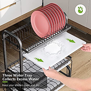 1Easylife Dish Drying Rack, 3 Tier Dish Rack with Tray Utensil Holder, Large Capacity Dish Drainer with Cutting Board Holder Drain Board Tray for Kitchen Counter Organizer Storage (Gray)