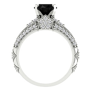 2.10ct Round Cut Laser Engraving Pave Natural Black Onyx Engagement Bridal Wedding Ring Band set Solid 18K White Gold Size 8