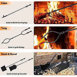 JupiterForce 5 Pieces Fireplace Tools Sets Indoor Outdoor Wrought Iron Large Fire Place Set Tools, Fire Pit Tools with Poker Shovel Tongs Brush and Stand, Black