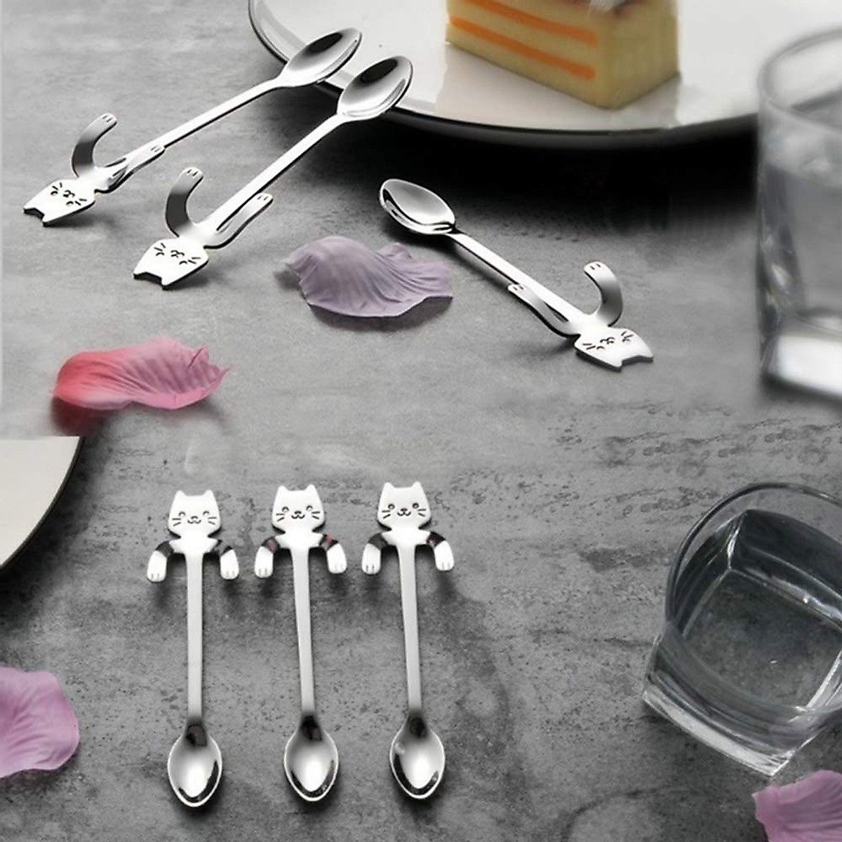ekqw015l 1 Piece Cute Cat Spoon Long Handle Spoons Flatware Drinking Tools Kitchen Gadget |Baby Stainless Steel Dessert Cake Coffee Spoon Cutlery– Teaspoons,Coffee spoons Soup Spoons Silver