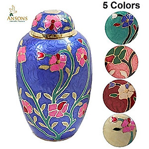 Ansons Urns Cremation Urn - Flower Funeral Urn for Human Ashes - Burial urn with Lacquer Finish - 100% Brass - Flora Blue