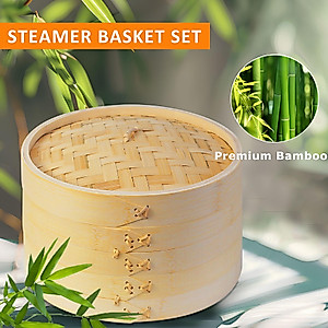 Bamboo Steamer Basket, 2-Tier Dumpling Steamer for Cooking, Bamboo Steamer 10 Inch Vegetable Steamer, Food Steamer for Meat, Dim Sum, Bao Bun, Fish, Rice, HOFHTD Wood Cooking Steamer Basket