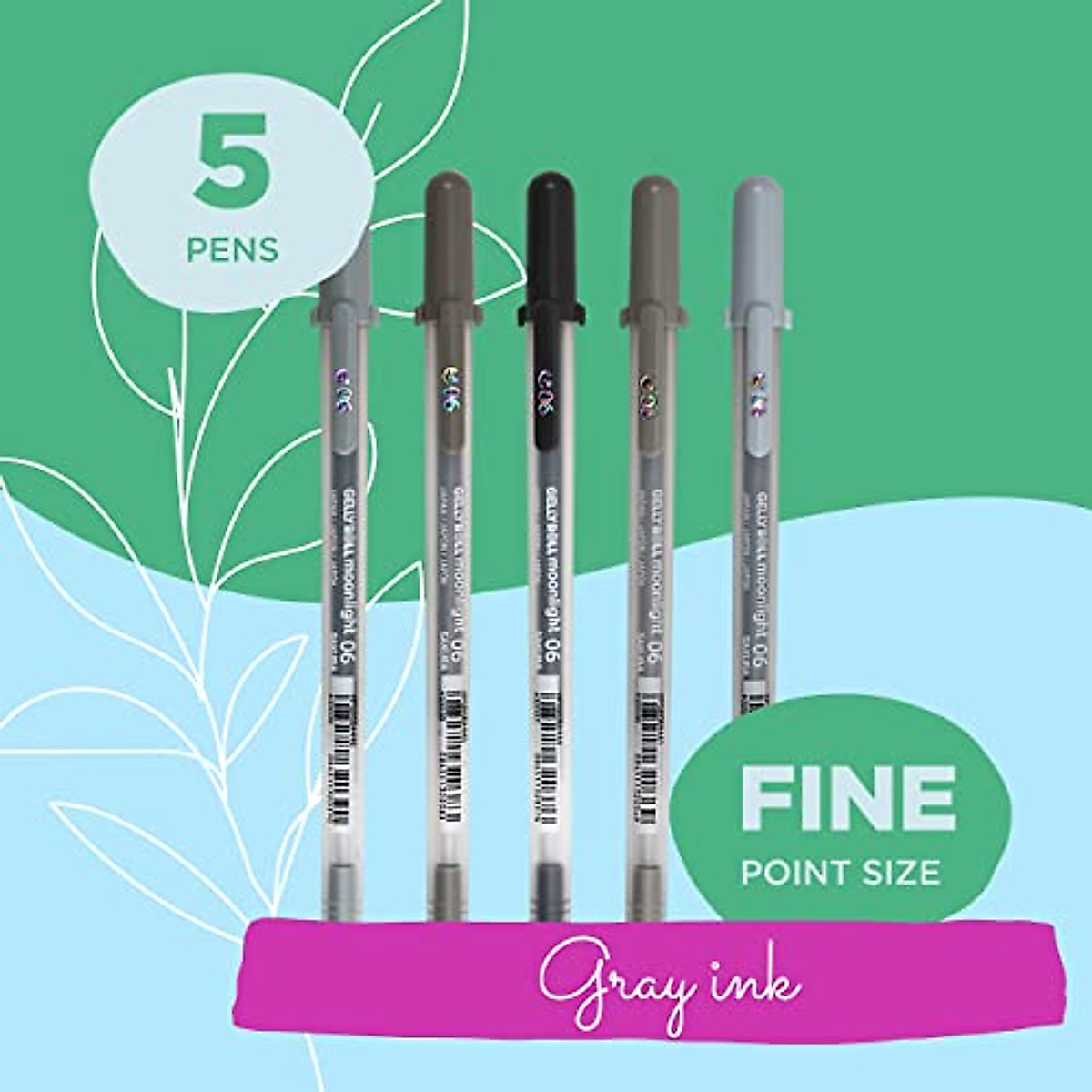 SAKURA Gelly Roll Moonlight 06 Gel Pens - Fine Point Ink Pen for Journaling, Art, or Drawing - Gray Ink - Fine Line - 5 Pack