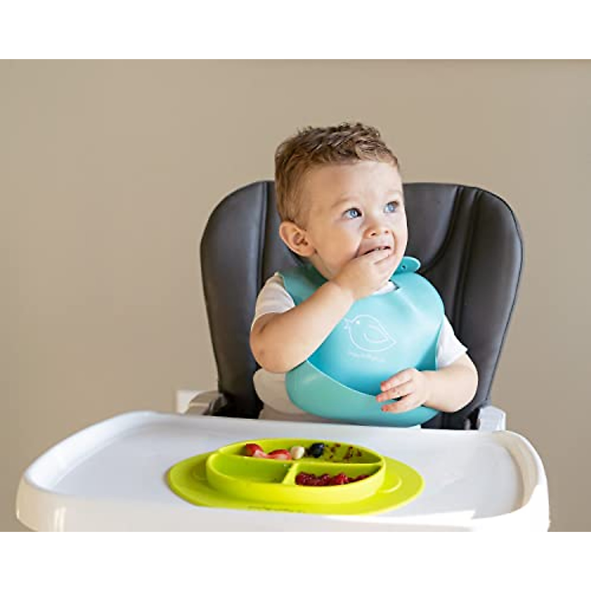 Silicone Bowl and Silicone Plate Easily Wipe Clean! Self Feeding Set Reduces Spills! Spend Less Time Cleaning after Meals with a Baby or Toddler! Set Includes 2 Colors (Lime Green / Turquoise)