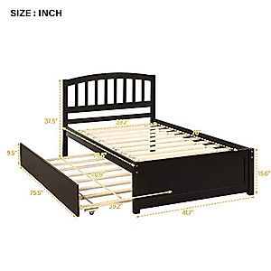 TARTOP Twin Size Platform Bed Wood Bed Frame with Trundle, Wood Bed Frame with Trundle and Slatted for Kids Teens Adults,No Box Spring Needed,Espresso