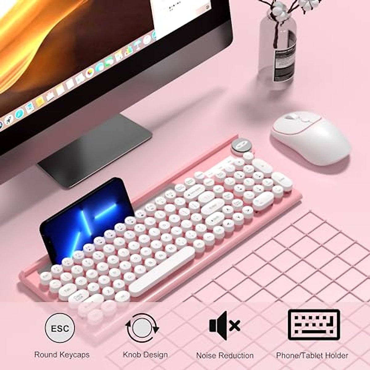 Typewriter Style Wireless Keyboard and Mouse Combo, Cute Pink Wireless Keyboard Mute Keyboard 2.4G with Retro Round Keycap Ergonomic Design and Waterproof Keyboard Mouse Combo, White & Pink