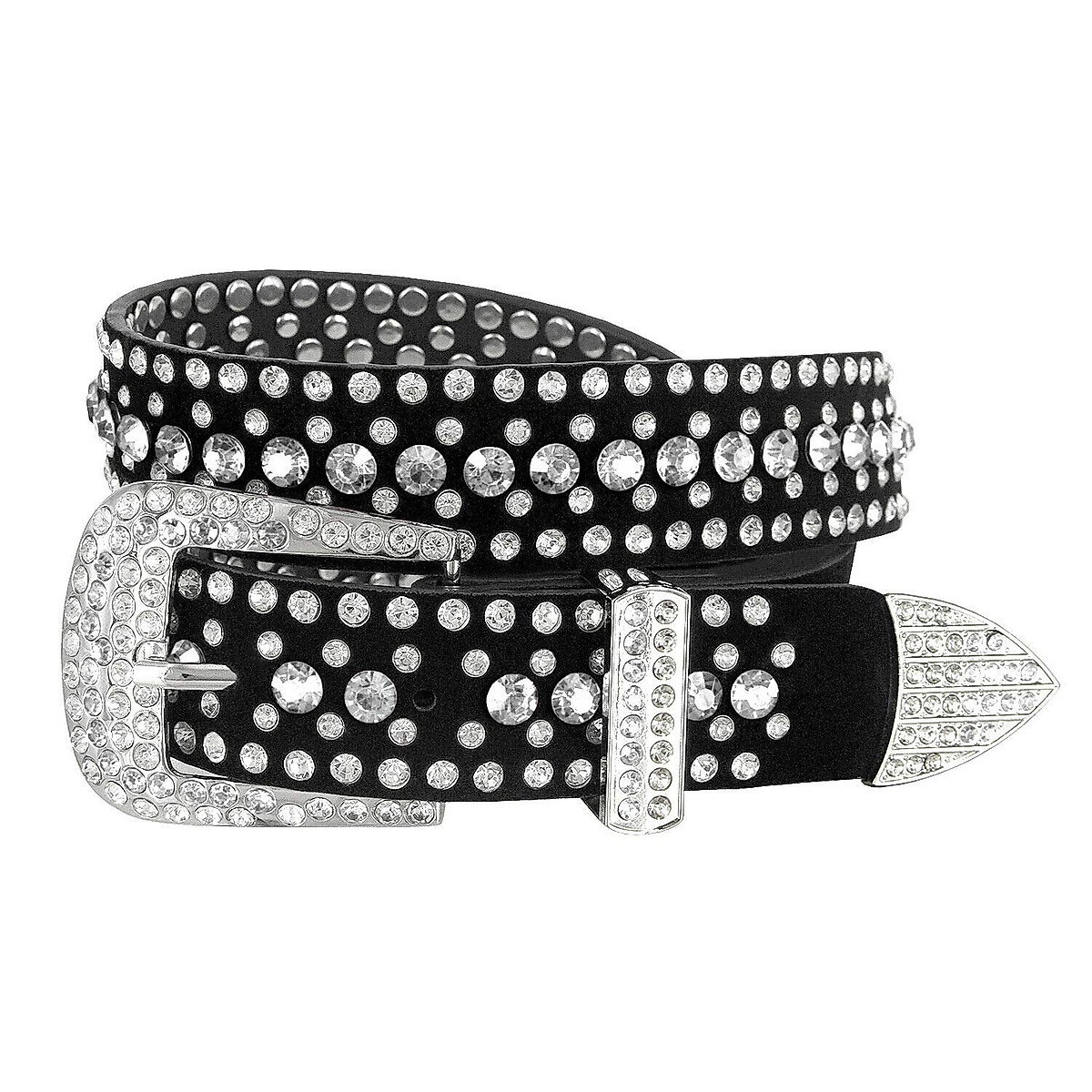 Women Rhinestone Belt Fashion Western Cowgirl Bling Studded Design Suede Leather Belt 1-1/4"(32mm) wide (Crystal, 34'' M)