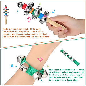 MILISTEN 3 Sets of Christmas Hand Jingle Bells and Band Wrist Bells, Hand Bells Ankle Bells, Wooden Handle Rainbow Bells Shaker Rattles, Hand Percussion for Christmas