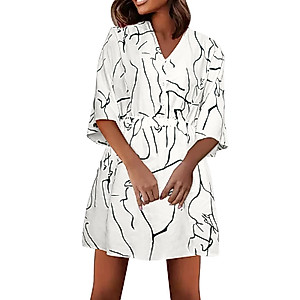 Long Sundresses for Women Women Casual Summer Dress V Neck Soild Color Three Quarter Sleeve Patchwork Beach Dress Sundr White