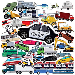 HK Studio Vehicle Stickers - Transportation Stickers with Cars, Train, Motorbike, Police Car, Fire Trucks, School Bus, Cranes and More