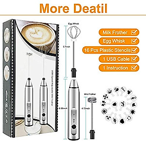 Milk Frother Handheld, Gbivbe Rechargeable Whisk Drink Mixer for Coffee with Art Stencils, Coffee Mixer for Cappuccino, Hot Chocolate Match, Frappe, Hot Chocolate, Egg Whisk