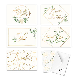 Rileys & Co Thank You Wedding Cards, Gold Foil, Classic Wedding Cards 50 Count, with Stickers & Envelopes | Bulk Thank You Cards with Envelopes | Wedding Thank You Cards Greenery and Gold
