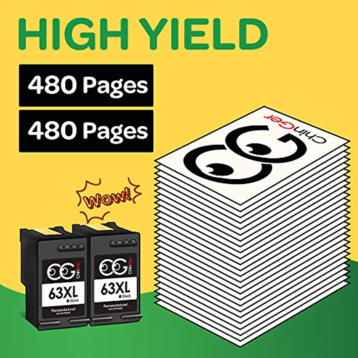CG CHINGER Remanufactured Ink Cartridge Replacement for HP 63XL 63 XL, High Yield Work with OfficeJet 3830 4650 5255 Envy 4520 4512 4516 Deskjet 1112 3630 3634 3639 3632 2132 Printer (2 Black)