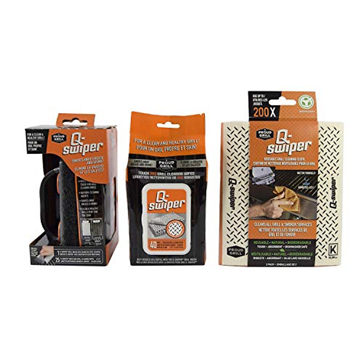 Q-Swiper BBQ Grill Cleaner Gift Bundle Set - 1 Q-Swiper Grill Brush, 65 Q-Swiper Grill Cleaning Wipes and 2 Q-Swiper Reusable Grill Cloths. Safe Way to Clean BBQ Grill Grates and Grill Exterior.