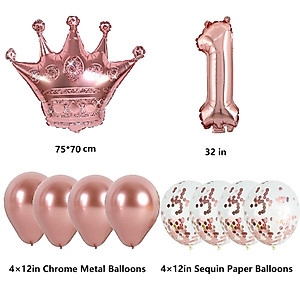 KUNGOON 1st Birthday Balloon,Rose Gold Number 1 Mylar Balloon,Funny Sweet 1st Birthday Crown Aluminum Foil Balloon Decoration for baby girl.