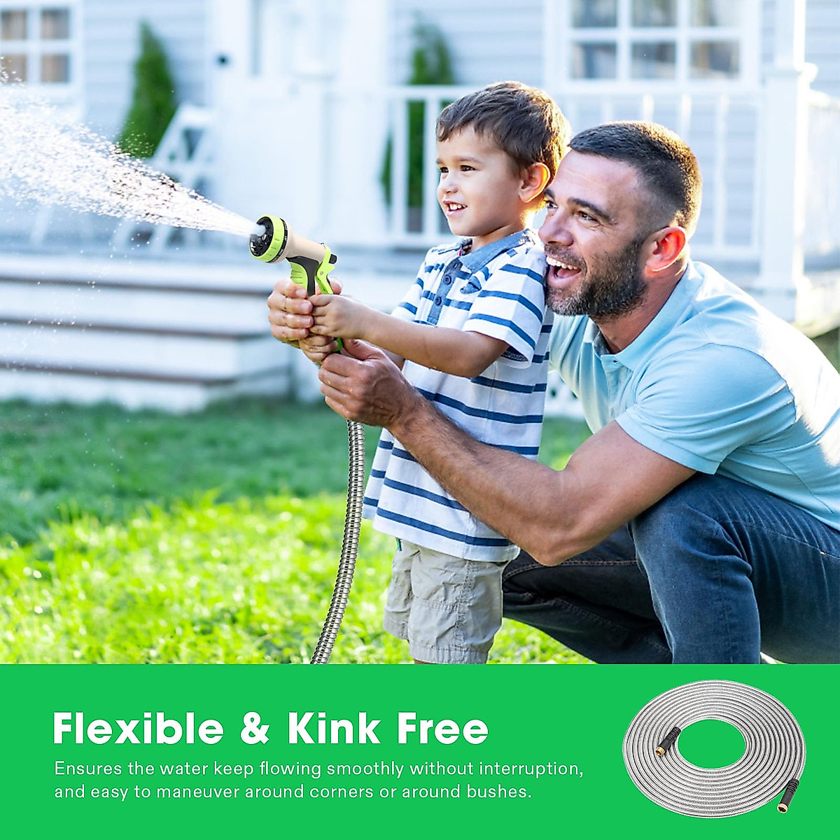 VIVOGROW Metal Garden Hose 50ft, Stainless Steel Water Hose with Brass Fittings & 10-Function Nozzle, Tangle Free & Crush Proof, Flexible Bionic Hose for Garden Watering, Pet Bathing, Car Washing