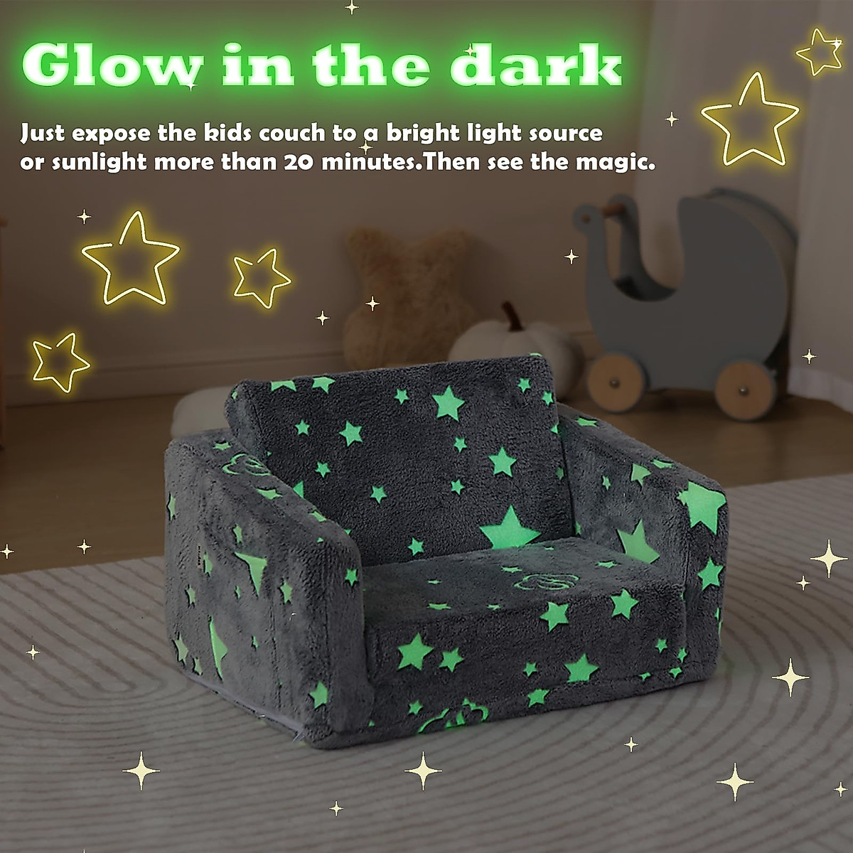 Kisdsa Kids Couch Fold Out,Foldable Toddler Couch with Blanket,Kids Sofa for Girls Boys,Flip Out Toddler Chair,Kids Chair Convertible Sofa to Lounger for Children Age 1-3(Glow Star)