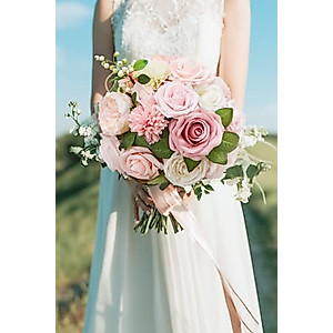 Serwalin Artificial Flowers Fake Silk Flowers for DIY Wedding Bouquets Cake Decoration Mixed Roses Combo Blush Pink and White Flower Centerpieces Arrangements for Party Table Chair Decor