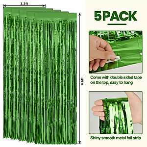PABUES 5 Pack 3.3 x 6.6 FT Green Foil Fringe Backdrop Curtain, Streamer Backdrop Curtains, Streamers Birthday Party Decorations, Fringe Backdrop for Graduation, Baby Shower, Gender Reveal