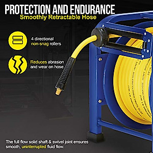 Goodyear Air Hose Reel Retractable 3/8" Inch x 100 Feet 300 Psi / 20 Bar Spring Driven Steel Elite Portable Quad Pod Heavy Duty Industrial Longest Premium Commercial Flex Hybrid Polymer