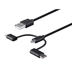 Monoprice 118789 Apple MFi Certified USB to Micro USB + USB Type-C + Lightning Charge And Sync Cable - 3 Feet - Black