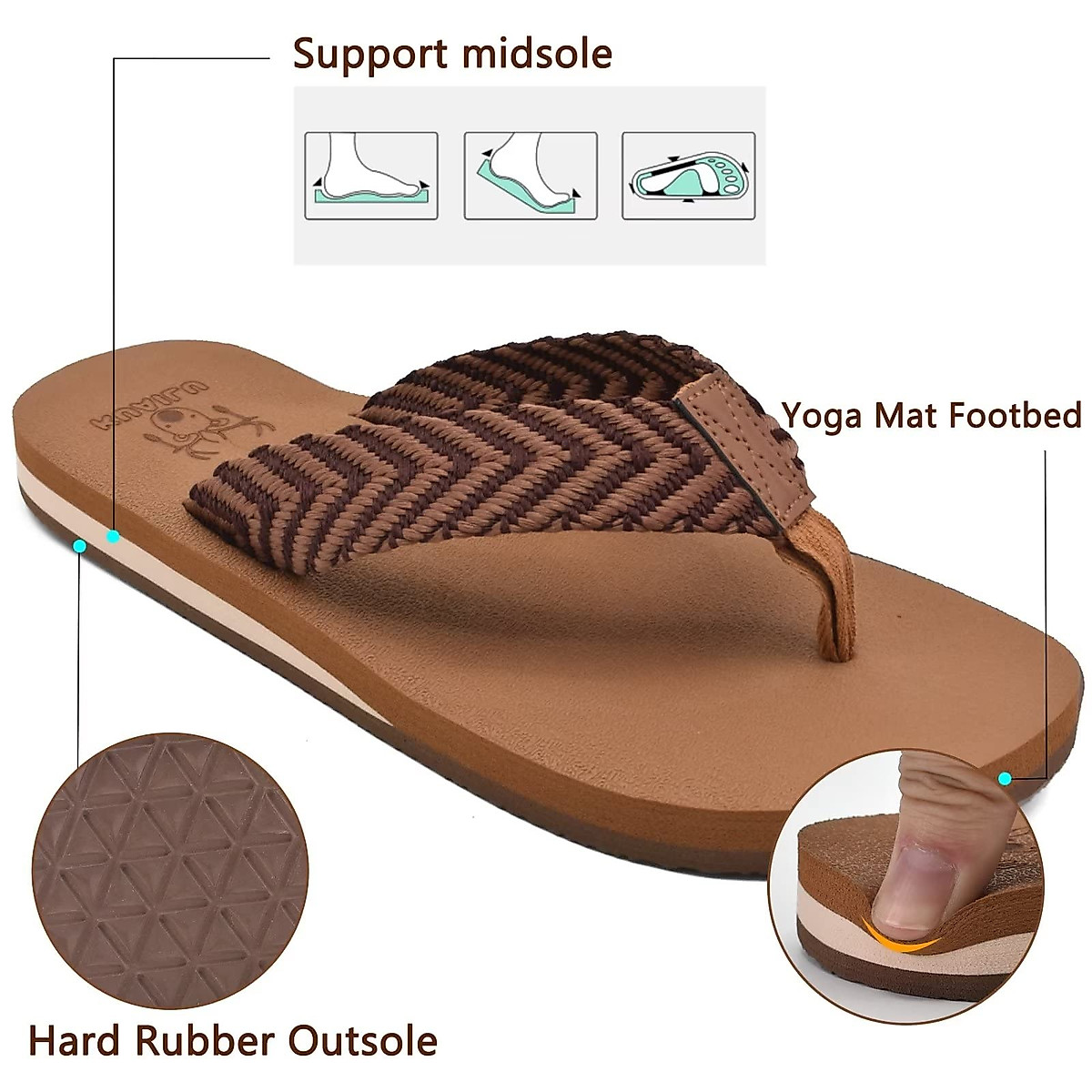 KuaiLu Men's Yoga Mat Leather Flip Flops Thong Sandals with Arch Support Khaki Brown Size 10