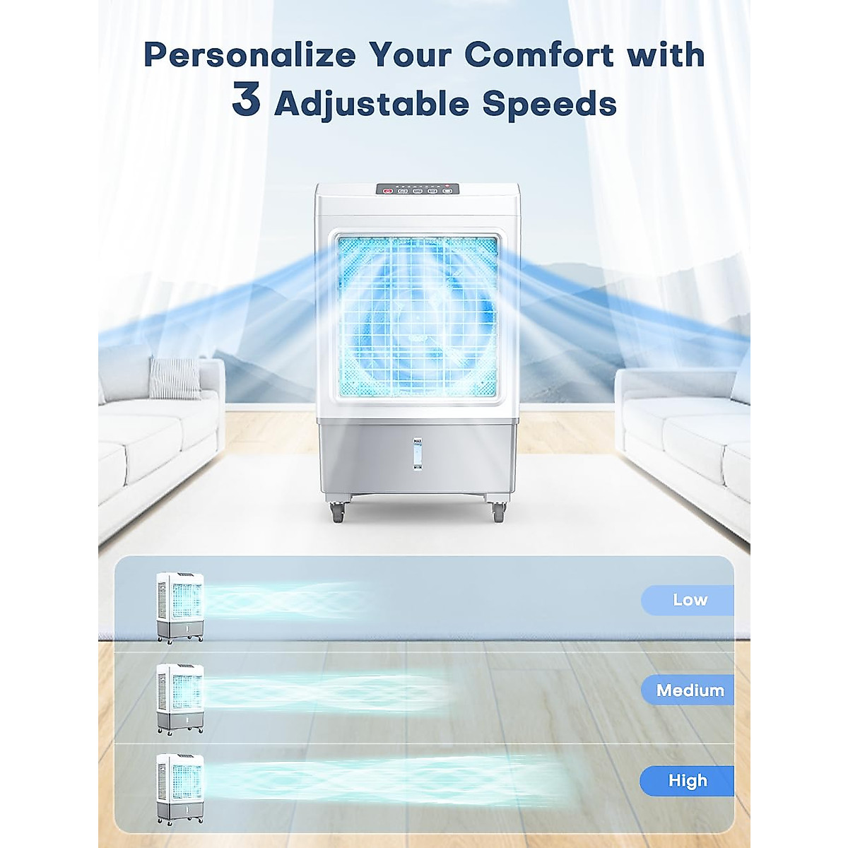 BALKO Windowless Air Conditioner, 35-INCH Swamp Cooler Air Conditioner w/2 Modes & 3 Speeds, 2100CFM, 700Sq.ft, Smart Timer for Auto off, 8Gal Tank & Remote, Wider Oscillation Evaporative Air Cooler