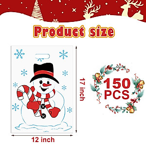 Tenceur 150 Pcs Christmas Jumbo Big Gift Bags 17 x 12 Inch Plastic Christmas Gift Wrapping Bags Large Christmas Bags for Gifts Presents Xmas Holiday Party Favor Goodie Storage (Snowman)