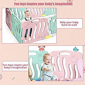 INFANS Baby Playpen, Kids Play Activity Center Yard for Toddlers, 10-Panel Safety Foldable Play Yard with Safety Lock, Adjustable Shape, Game Panel & Gate for Indoors or Outdoors (Green & Pink)