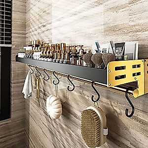 24HOCL Floating Shelves Wall Mounted with 7 Removable S Hooks, Adhesive/Drill Installation Wall Shelves for Bedroom/Bathroom/Living Room/Kitchen/Laundry Room, Storage & Decoration, Black/Gold