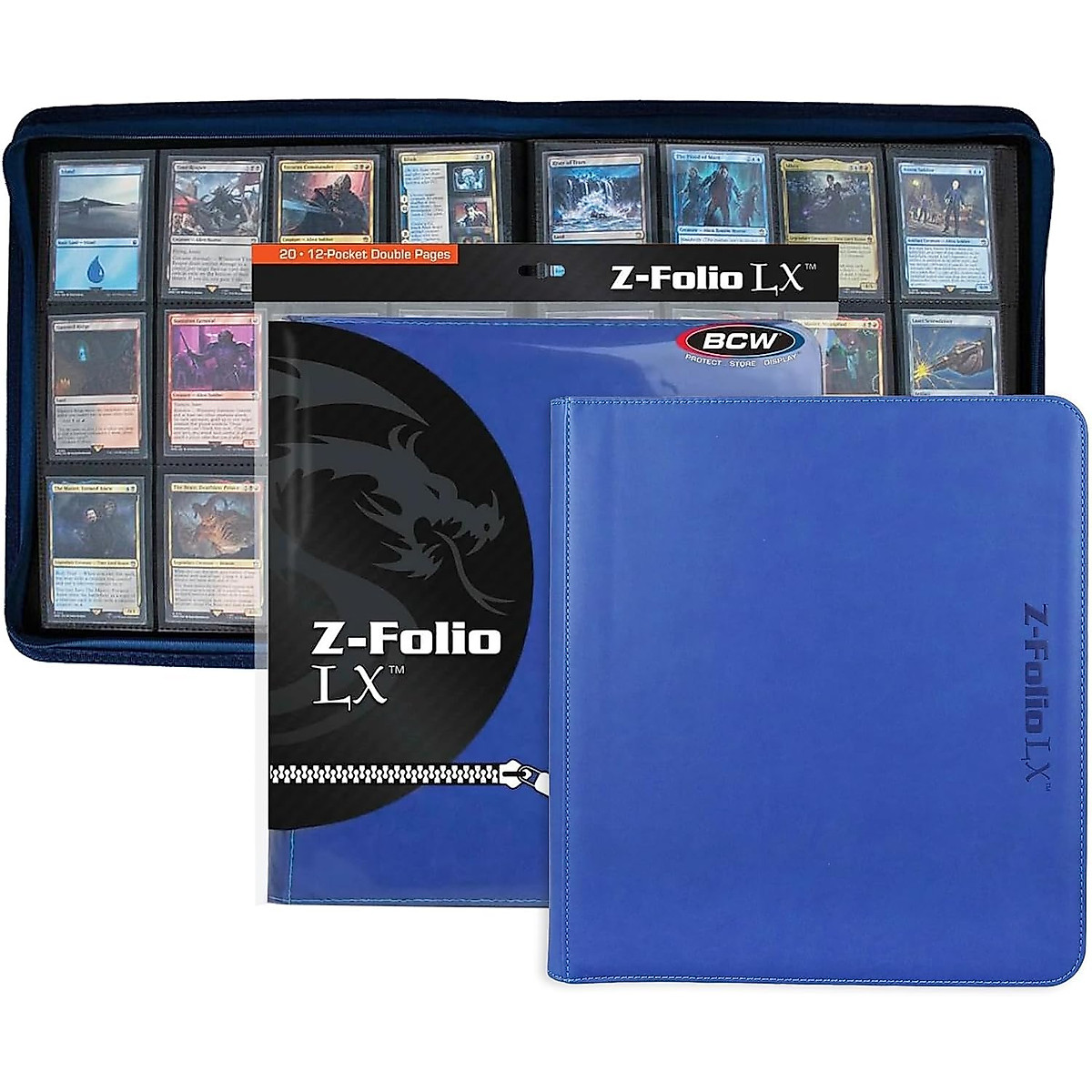 BCW Z-Folio LX Zipper Portfolio - Premium Blue Leatherette 12-Pocket Playset Album - Secure Zipper - 480 Card Capacity - Card Collector's Dream - Card Organizer - Trading Card Storage