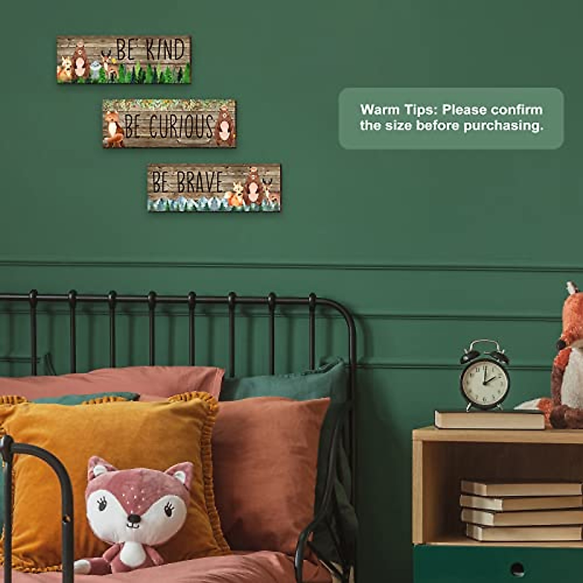 3 Pcs Woodland Nursery Decor Safari Nursery Woodland Animals Themed Painting Wooden Be Kind Brave Curious Sign Framed Wall Art Forest Nursery Decor Inspirational Pictures for Baby Bedroom, 11 x 4 Inch