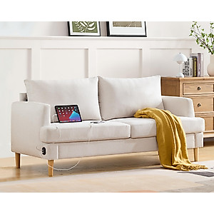 Busaurus 70" Loveseat Sofa, Mid Century Modern Couch for Small Spaces, 2 Seater Linen Fabric Sofa Upholstered Love Seat Couches with Comfy Pillows & USB for Living Room, Bedroom, Apartment, Beige