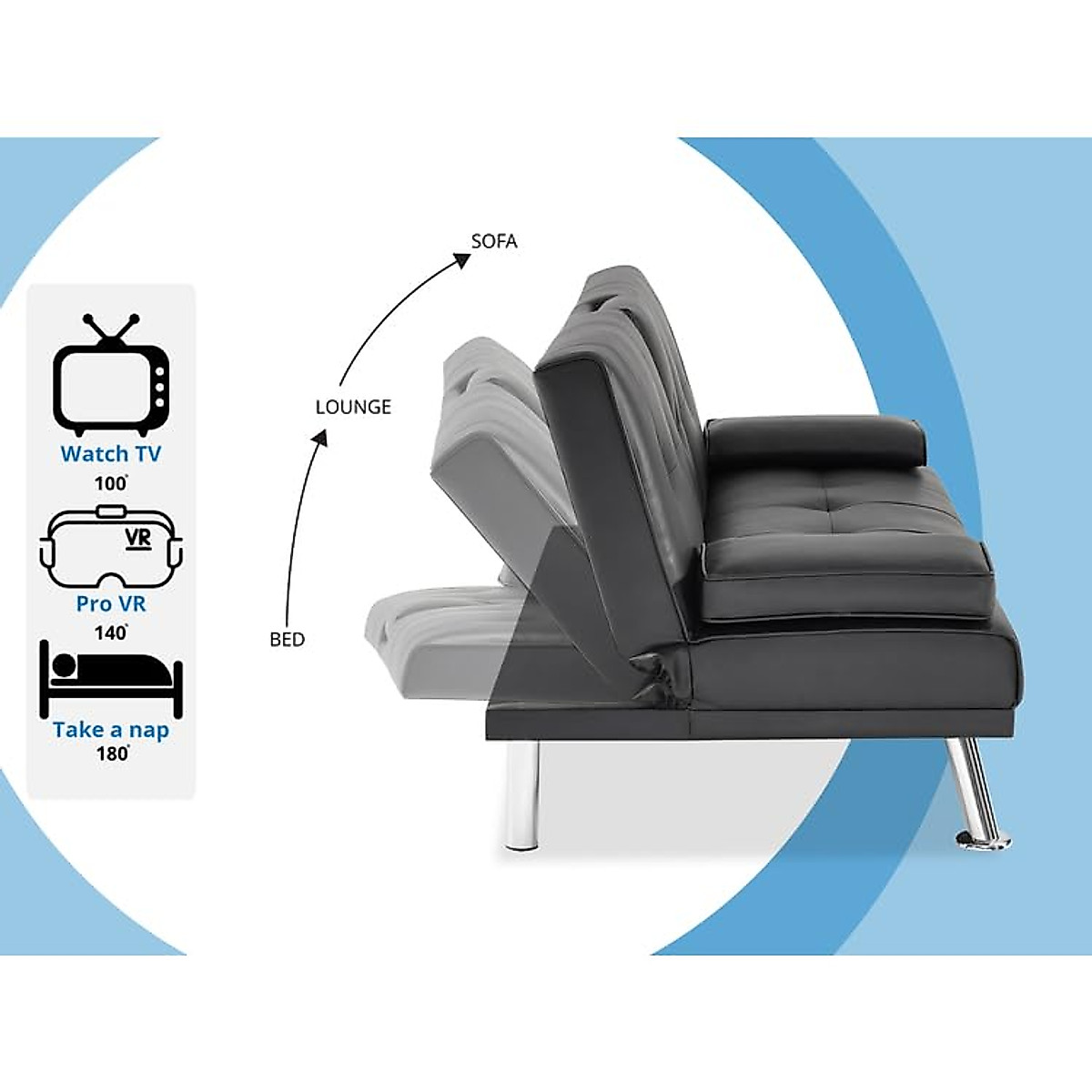 Space-Saving Design: Convertible Futon Sofa Bed, Versatile Comfort - Sturdy Build Modern Faux Leather Futon Couch - Low-Maintenance Upholstery - Customizable Positions - Easy Assembly - Black