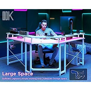 ODK L Shaped Gaming Desk with LED Lights & Power Outlets, 51" Computer Desk with Full Monitor Stand, Corner Desk with Cup Holder, Gaming Table with Hooks, White Carbon Fiber