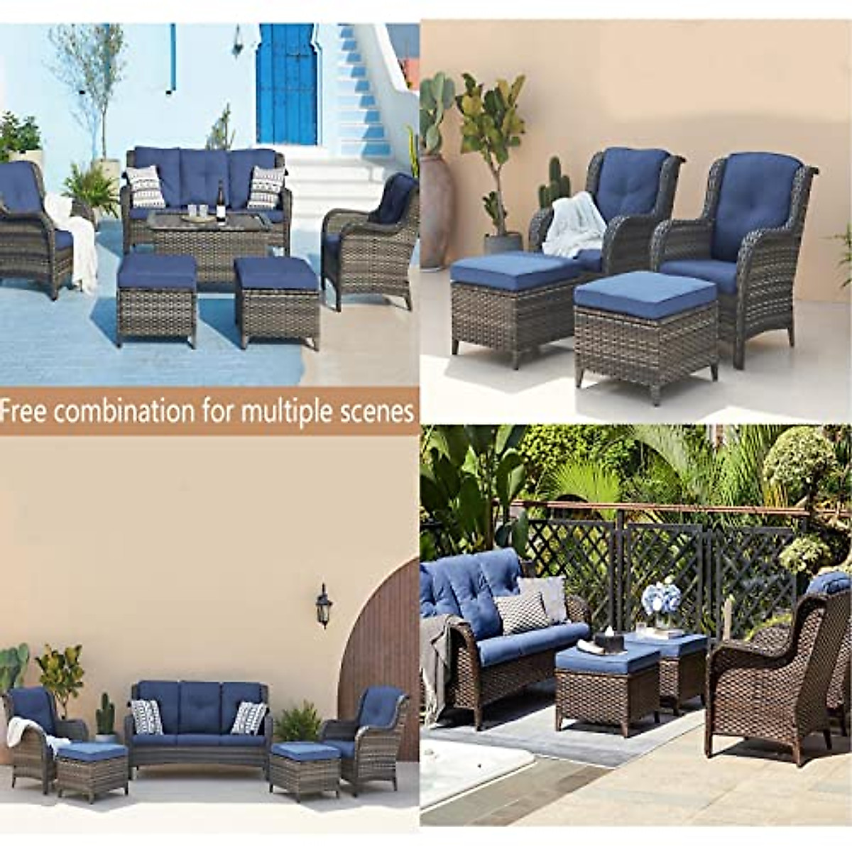 HUMMUH Outdoor Wicker Chairs PE Rattan Patio Dining Chairs Set of 2 High Back Curved Armrest Porch Chairs with 4 inch Seat Cushions (Grey Chairs with Blue Cushions, 35‘’D x 31''W x 35''H)