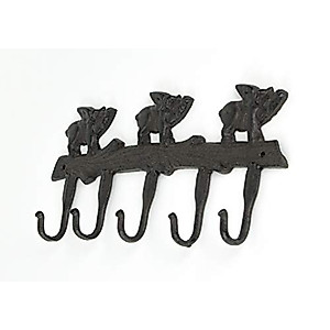 De Leon Collection Rustic Brown Cast Iron Flying Pigs 5 Hook Wall Hanger Coat Rack Country Farmhouse Decor 13.75 Inches Long