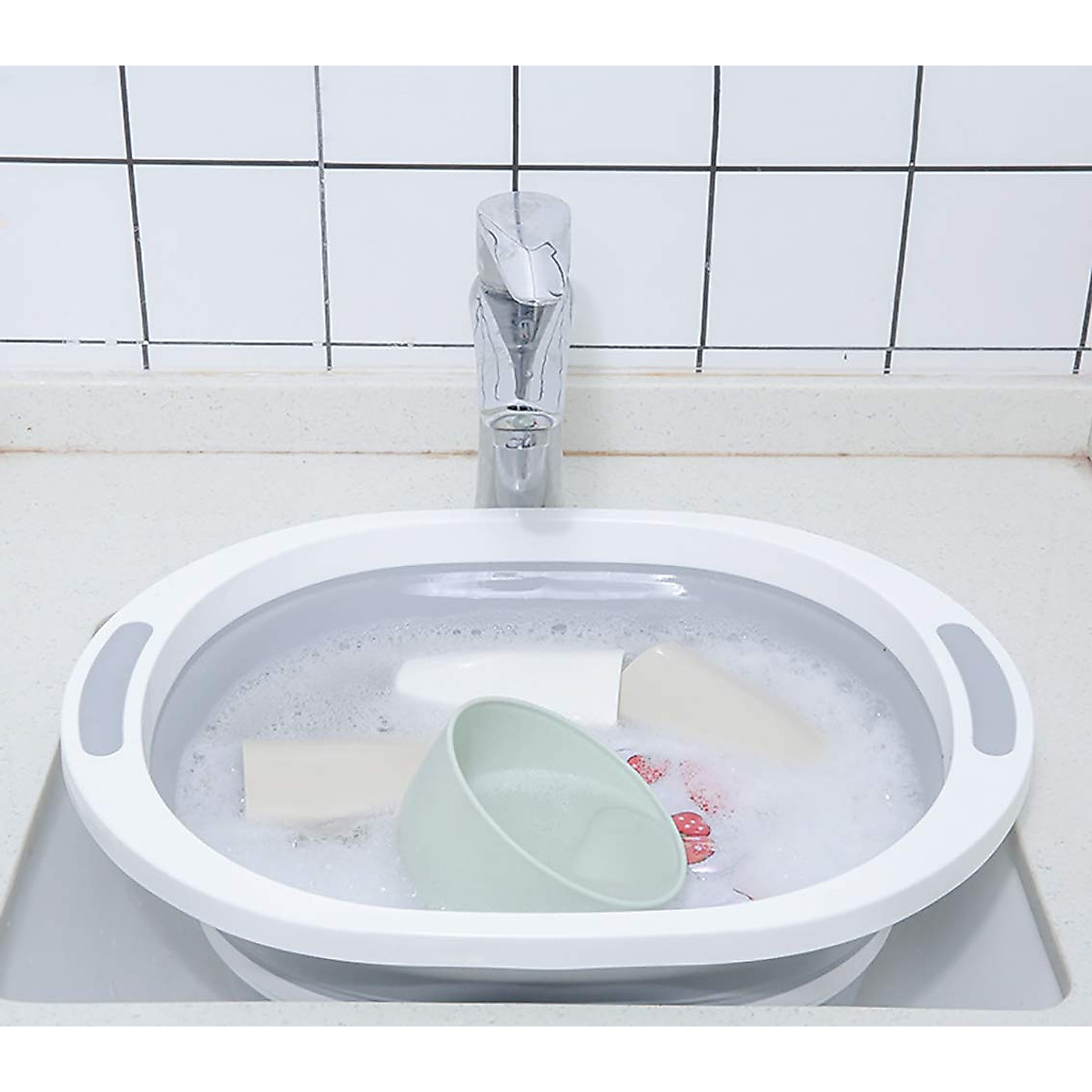 Ahyuan Collapsible Dish Pan Chopping Board Combo 10L Portable Washing Basin Dish Pan Foldable Dish Tub Over The Sink Dishpan Camper Accessories for Travel Trailers (Without Plug)